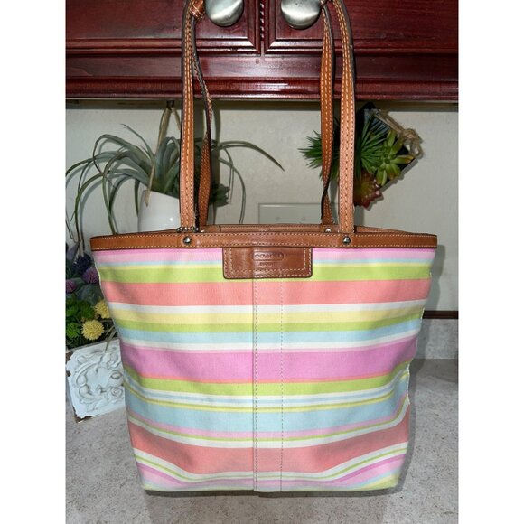 Coach | Bags | Coach Hampton Pastel Multi Colored Stripe Canvas Purse ...